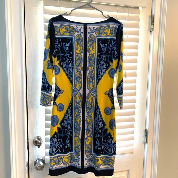 Cache | Dresses | Cache Blue Yellow Dress Sheath Knee Sleeves 6 | Poshmark